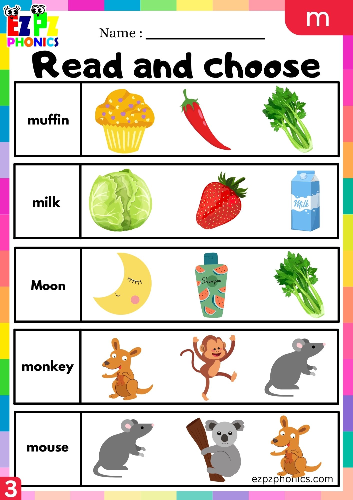 Letter m Read and Choose the Images Group 3 - ezpzphonics.com